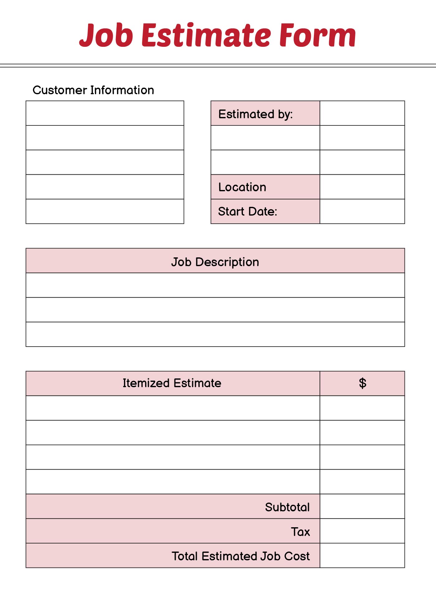Printable Job Estimate Template
