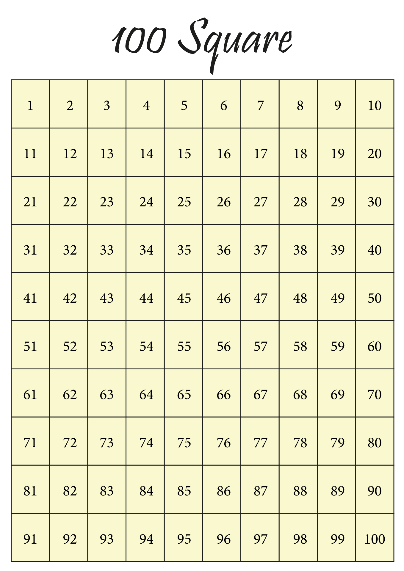 100 Square Printable