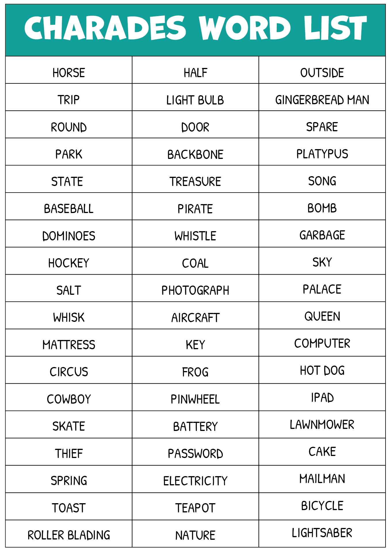 Charades Word List Printable Charades Words Charades Word List Charades
