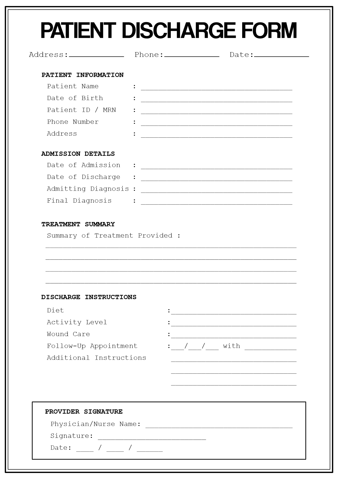Printable Hospital Discharge Papers Printable Templates