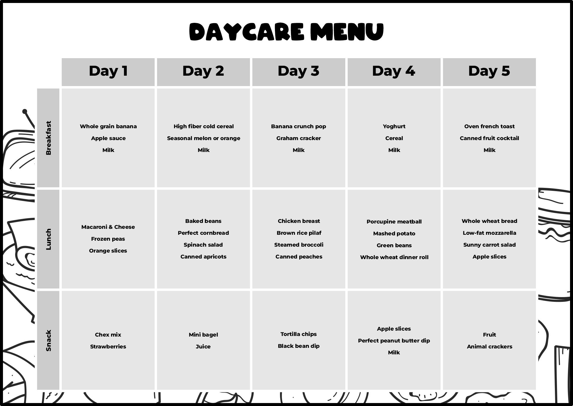 Daycare Menu Template