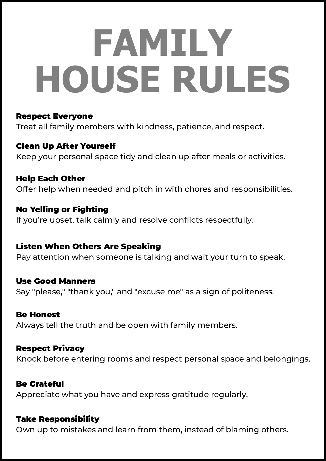Printable Family House Rules Template