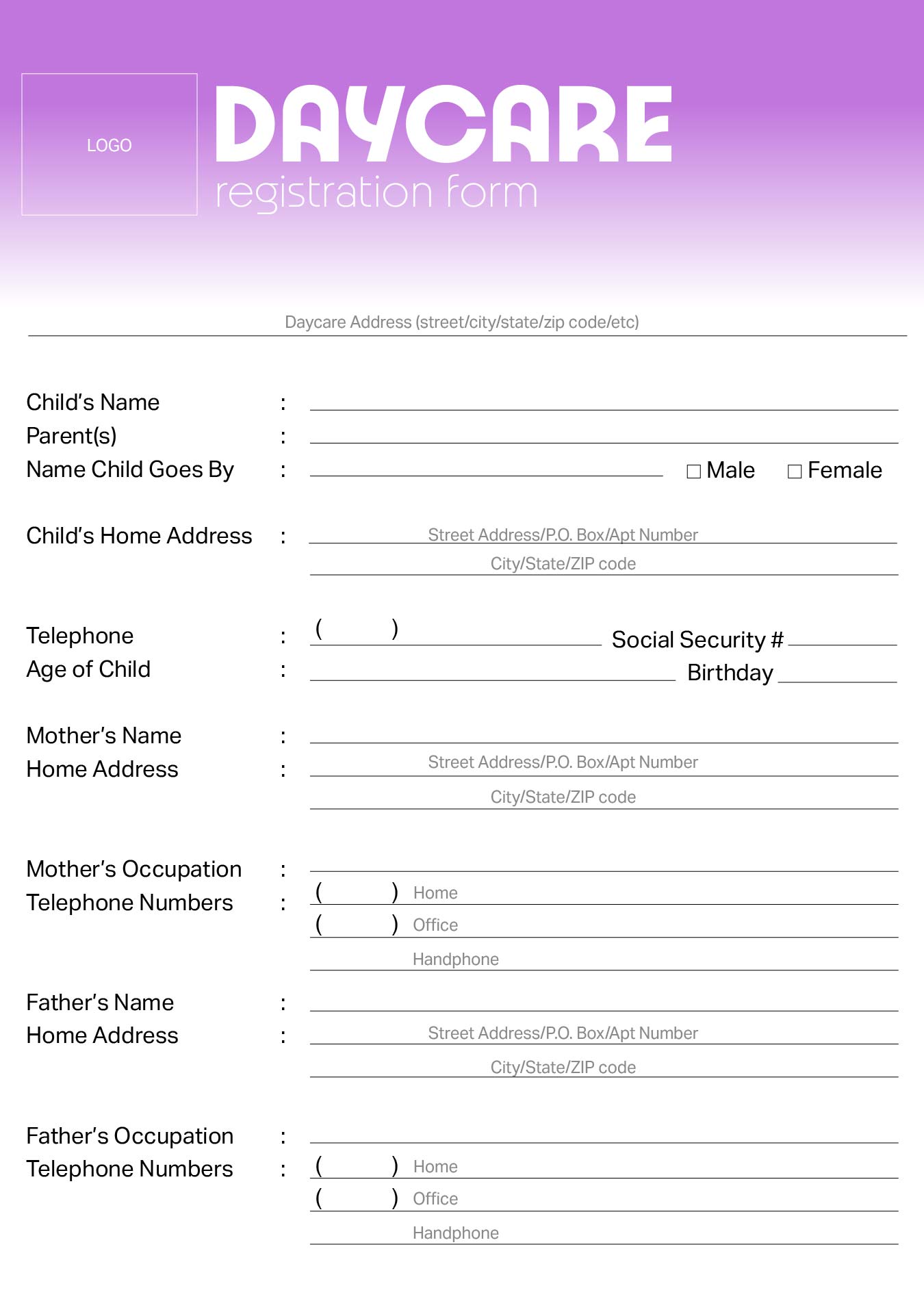 Daycare Free Printable Forms Printable Forms Free Online