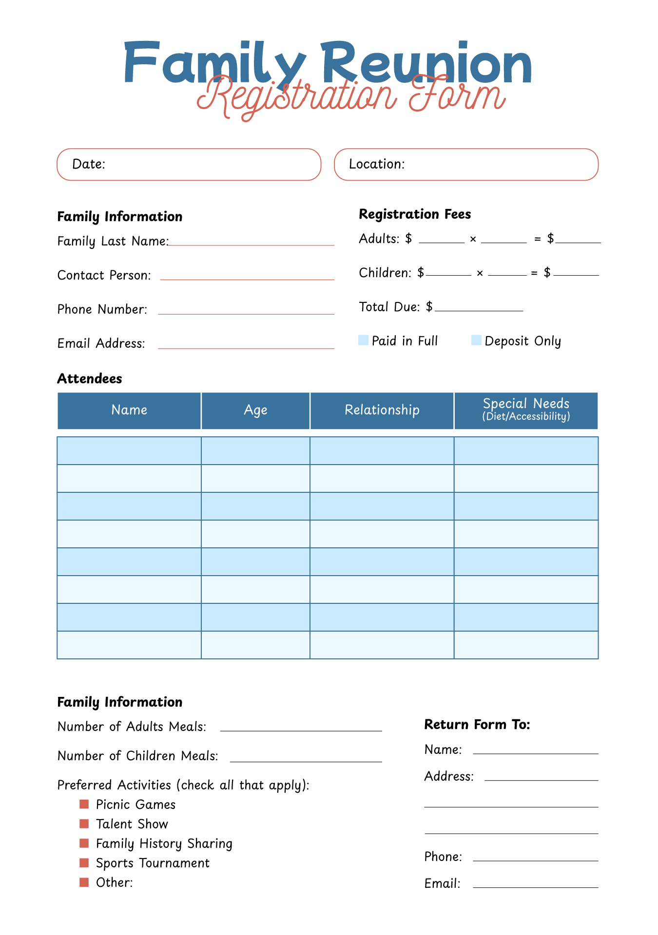 Printable Family Reunion Registration Form Template Printable Forms 