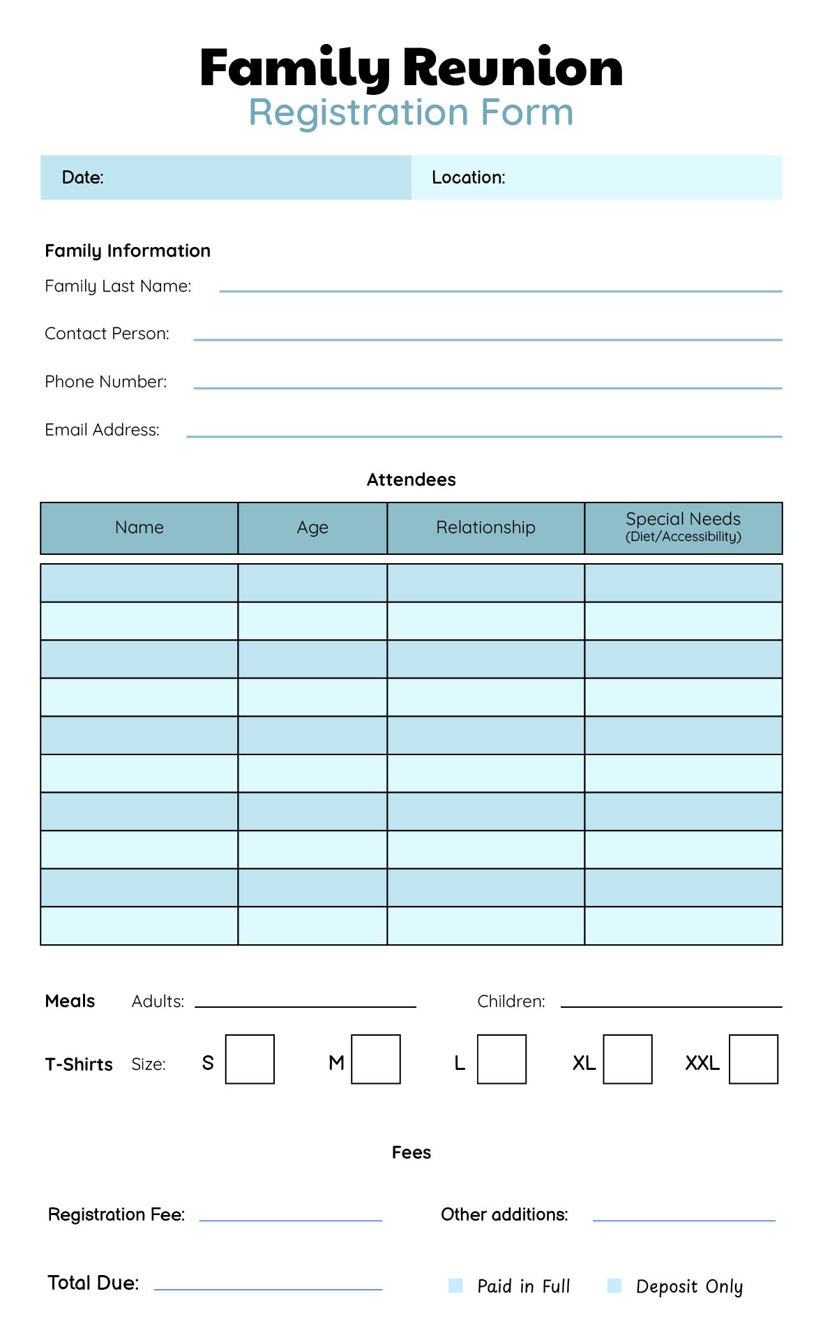 Family Reunion Registration Form Template Free Printable Templates