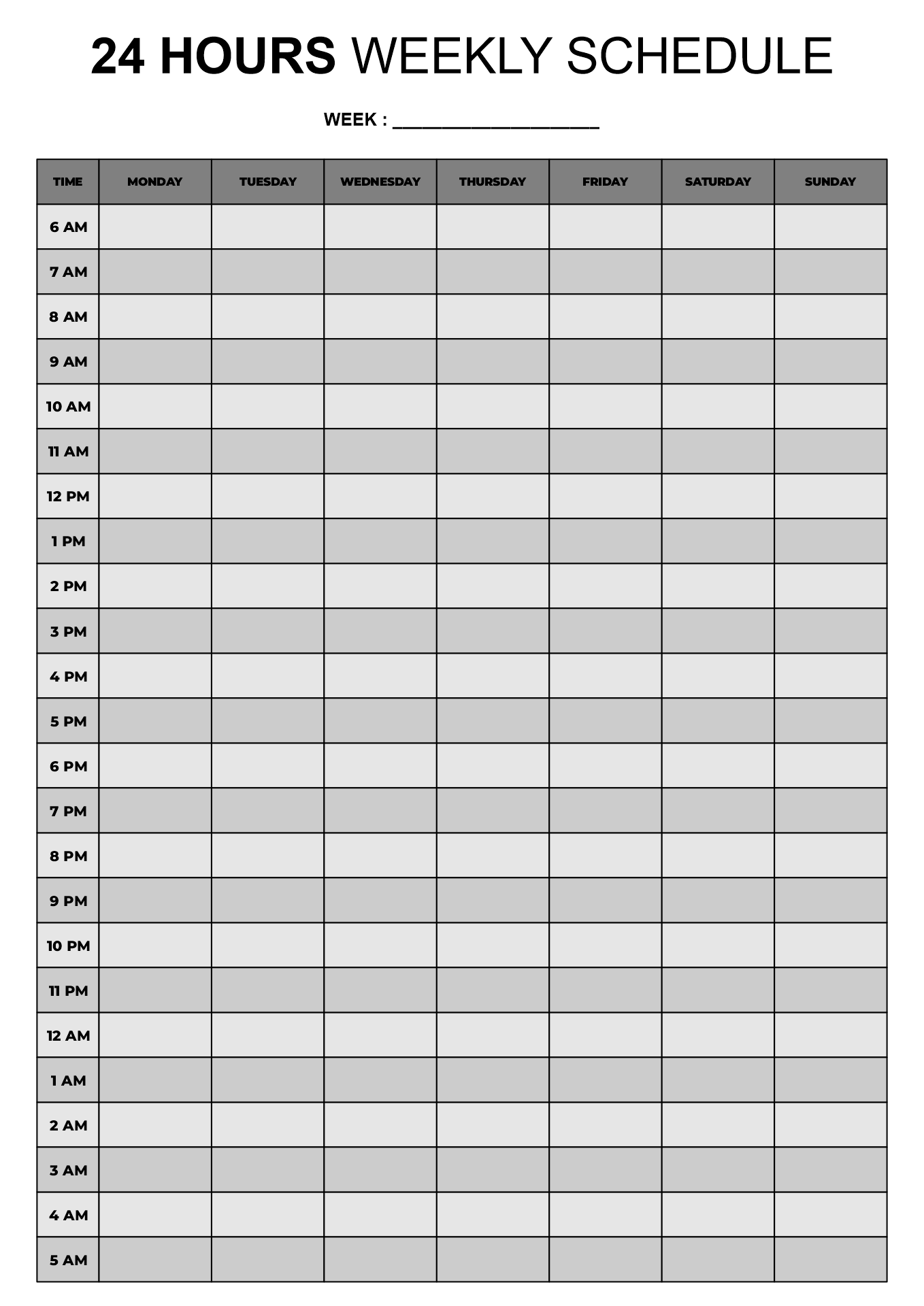 24 Hour Weekly Planner Printable Printable World Holiday