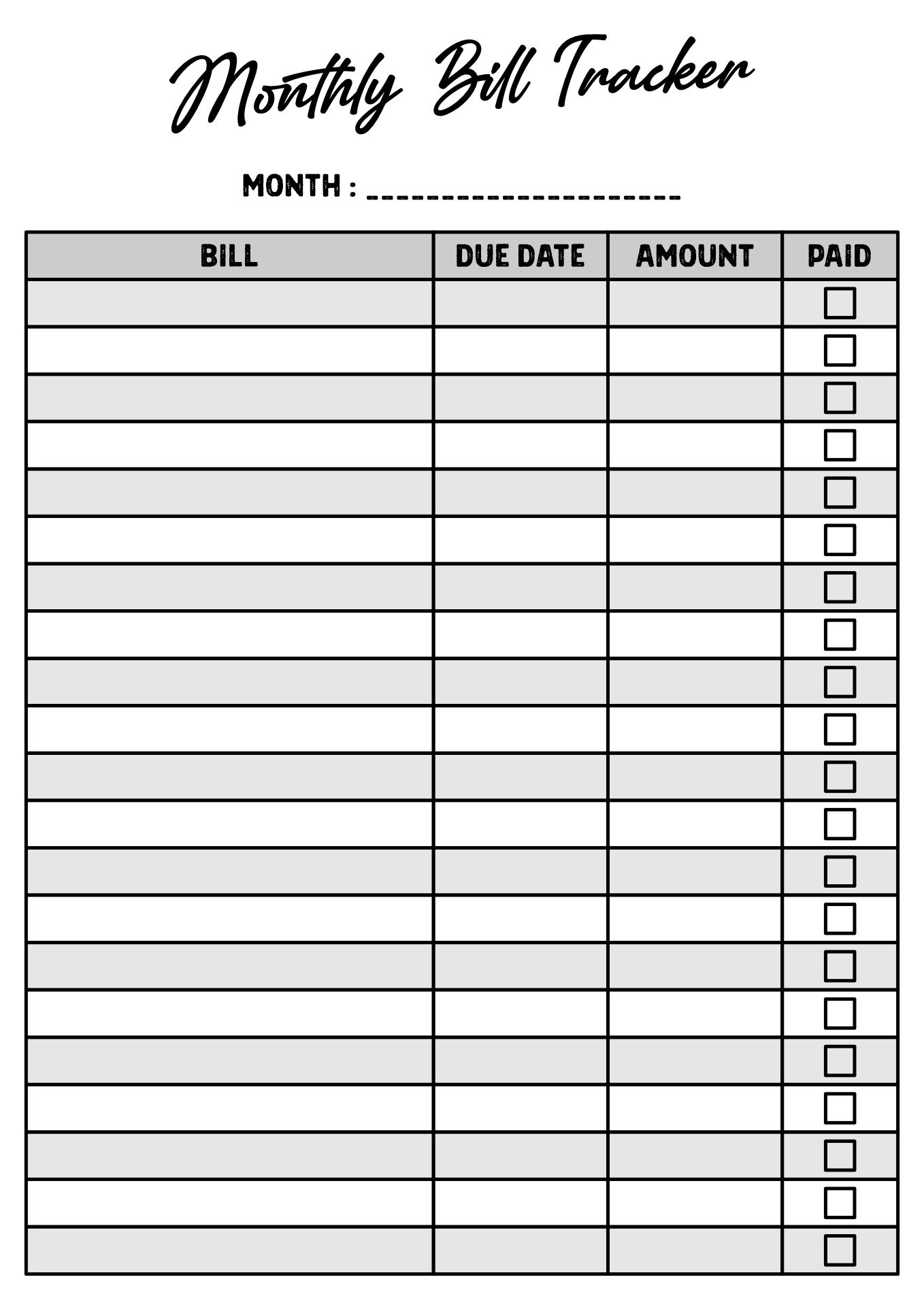 Monthly Bill List Printable