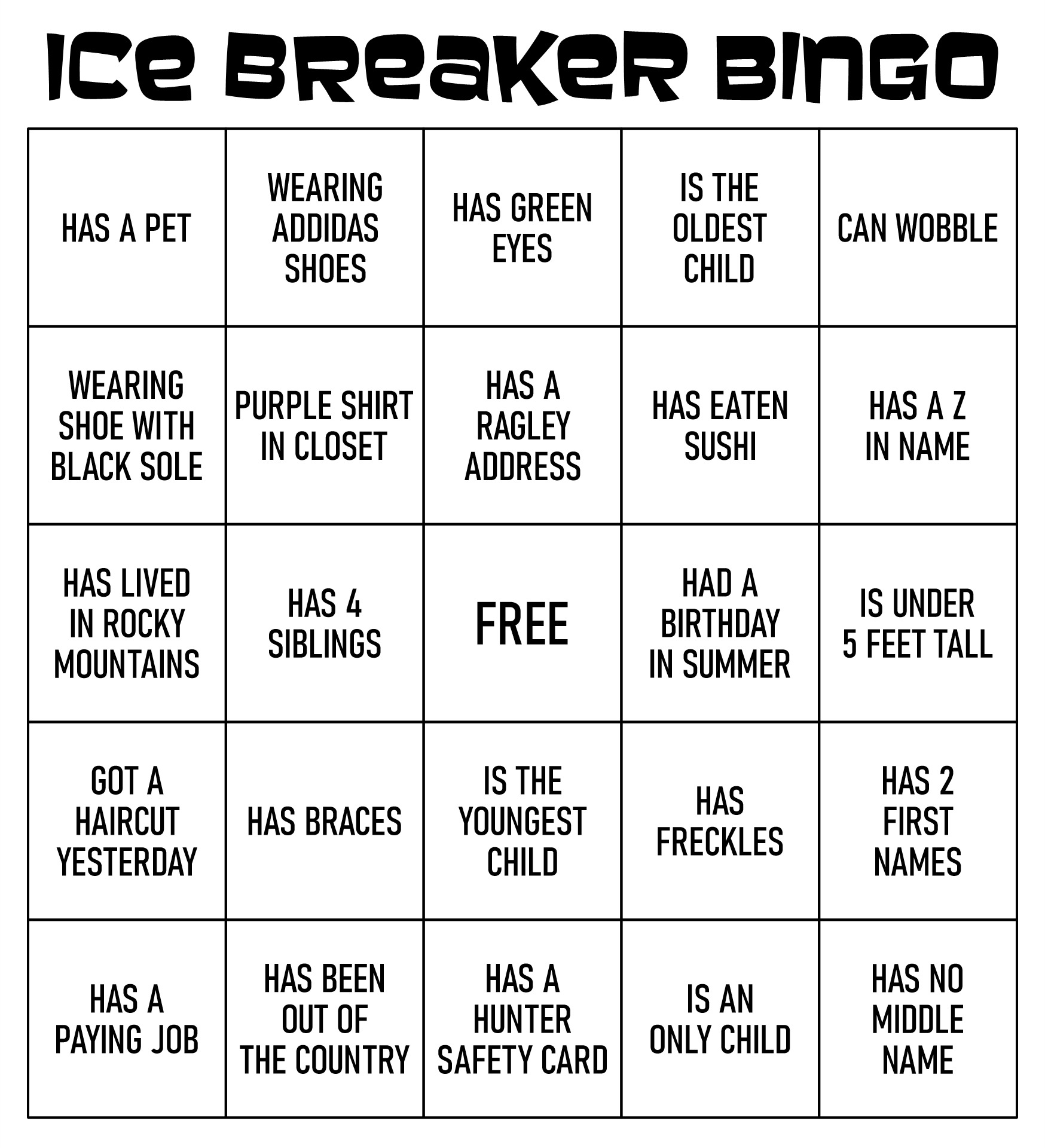 Ice Breaker Bingo Card Template
