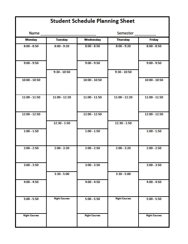 5 Best College Class Schedule Printable Printablee