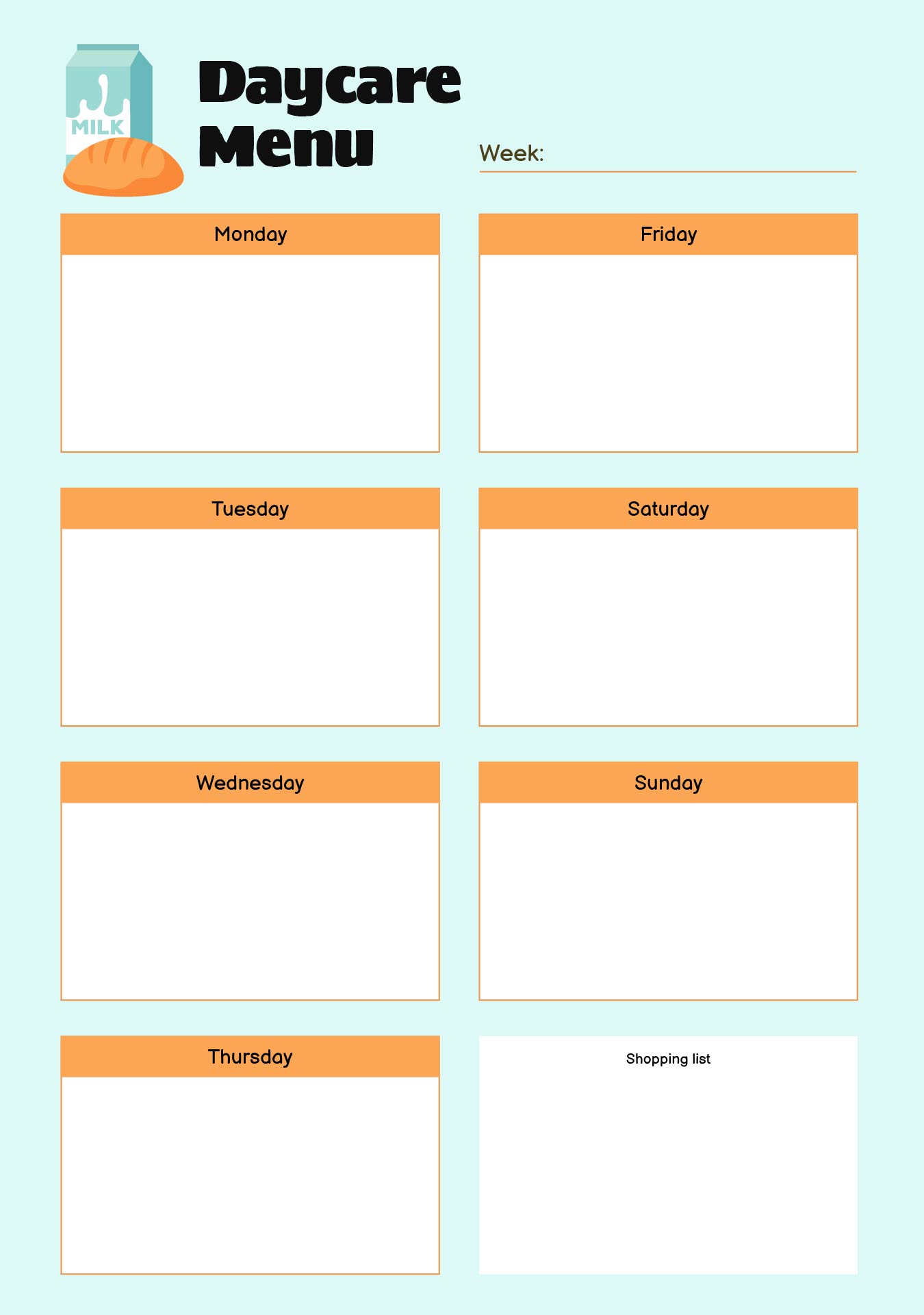 Free Printable Day Care Menus
