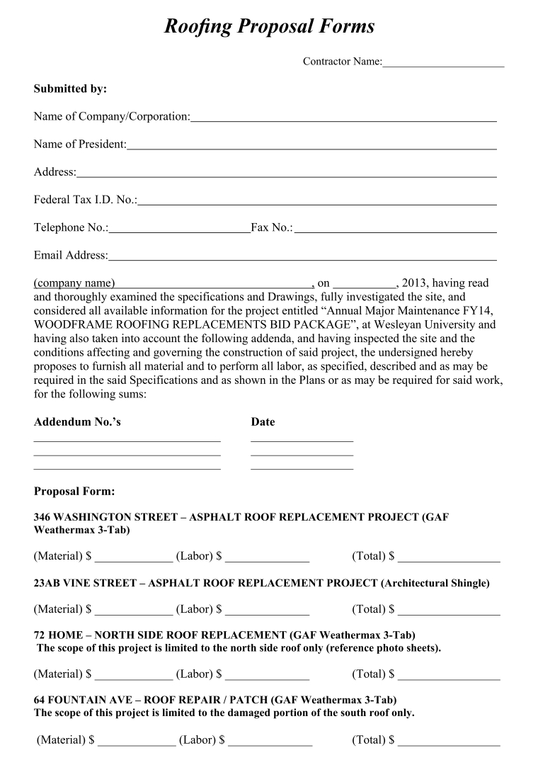 Roofing Bid Template Free Printable Templates