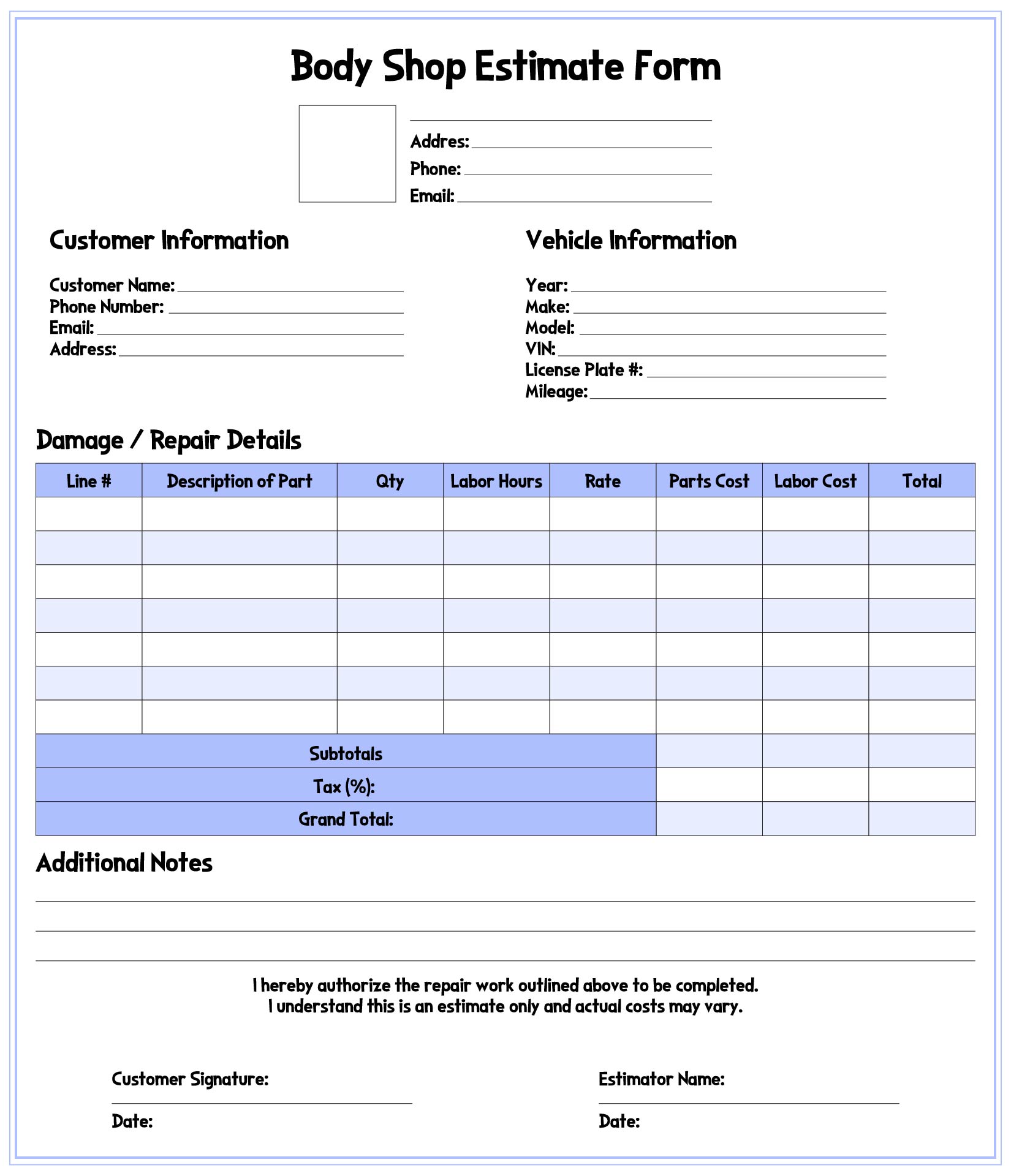 Free Body Shop Estimate Template Free Printable Templates