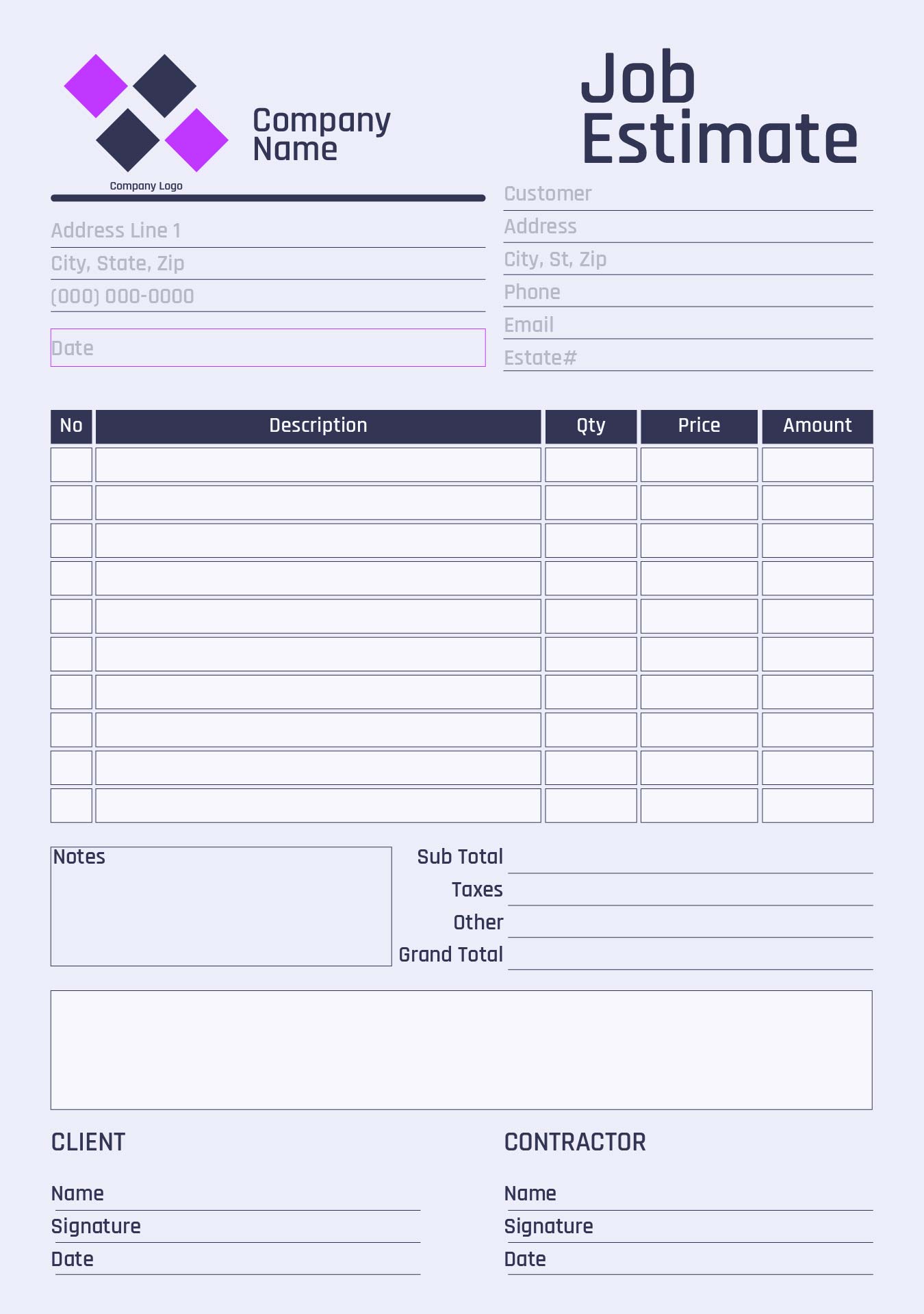 Free Blank Estimate Form