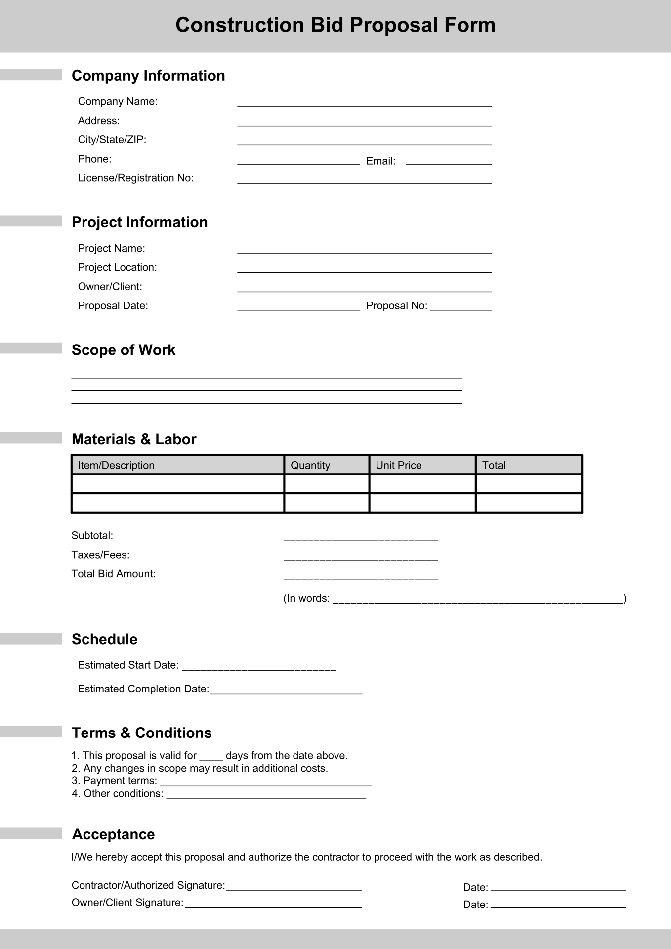 Printable Construction Estimate Template