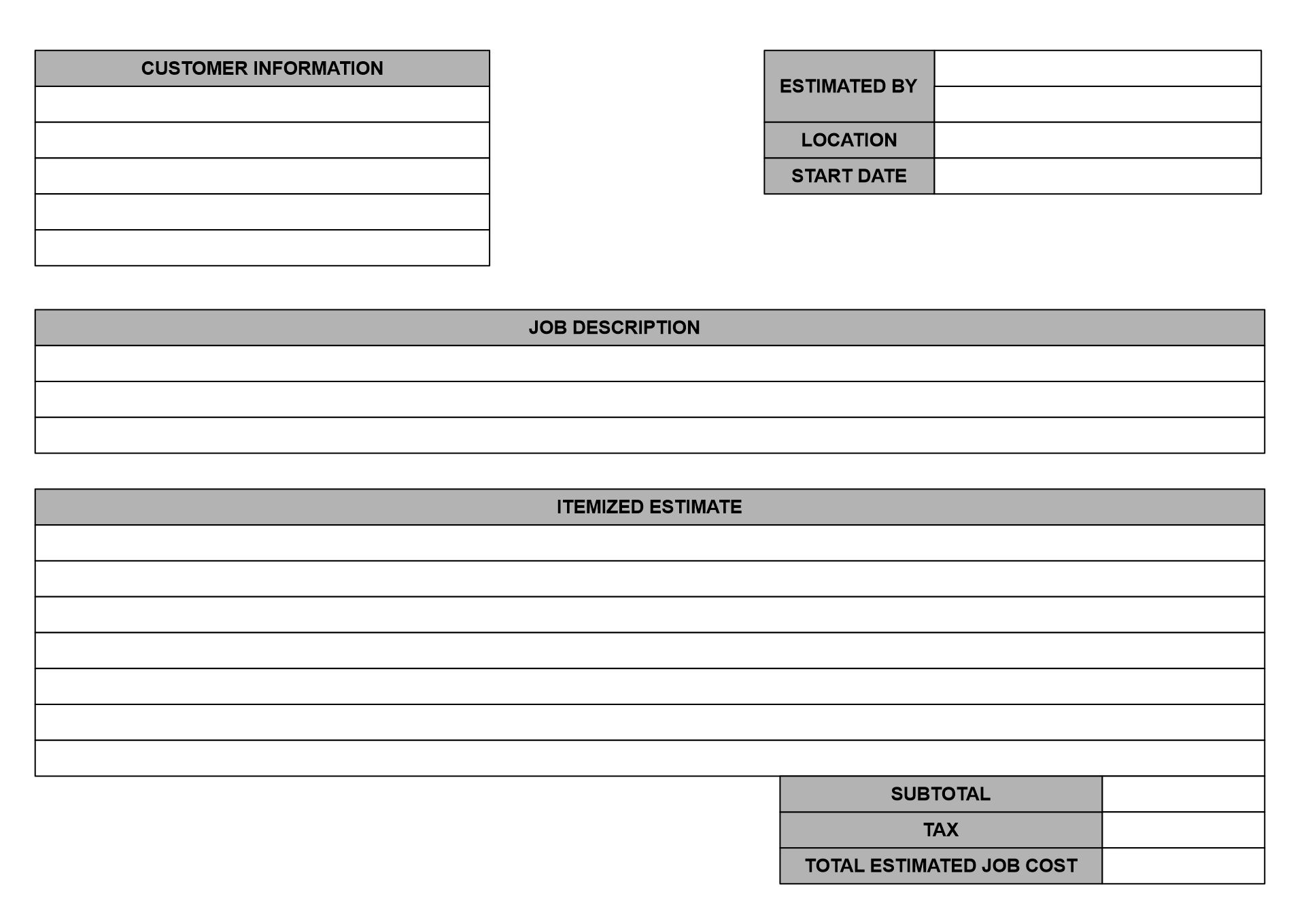 Printable Construction Estimate Template Customize And Print