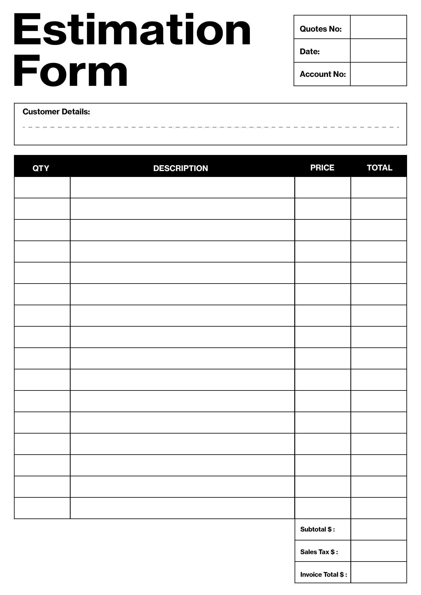 Printable Blank Estimate Forms Printable Forms Free Online