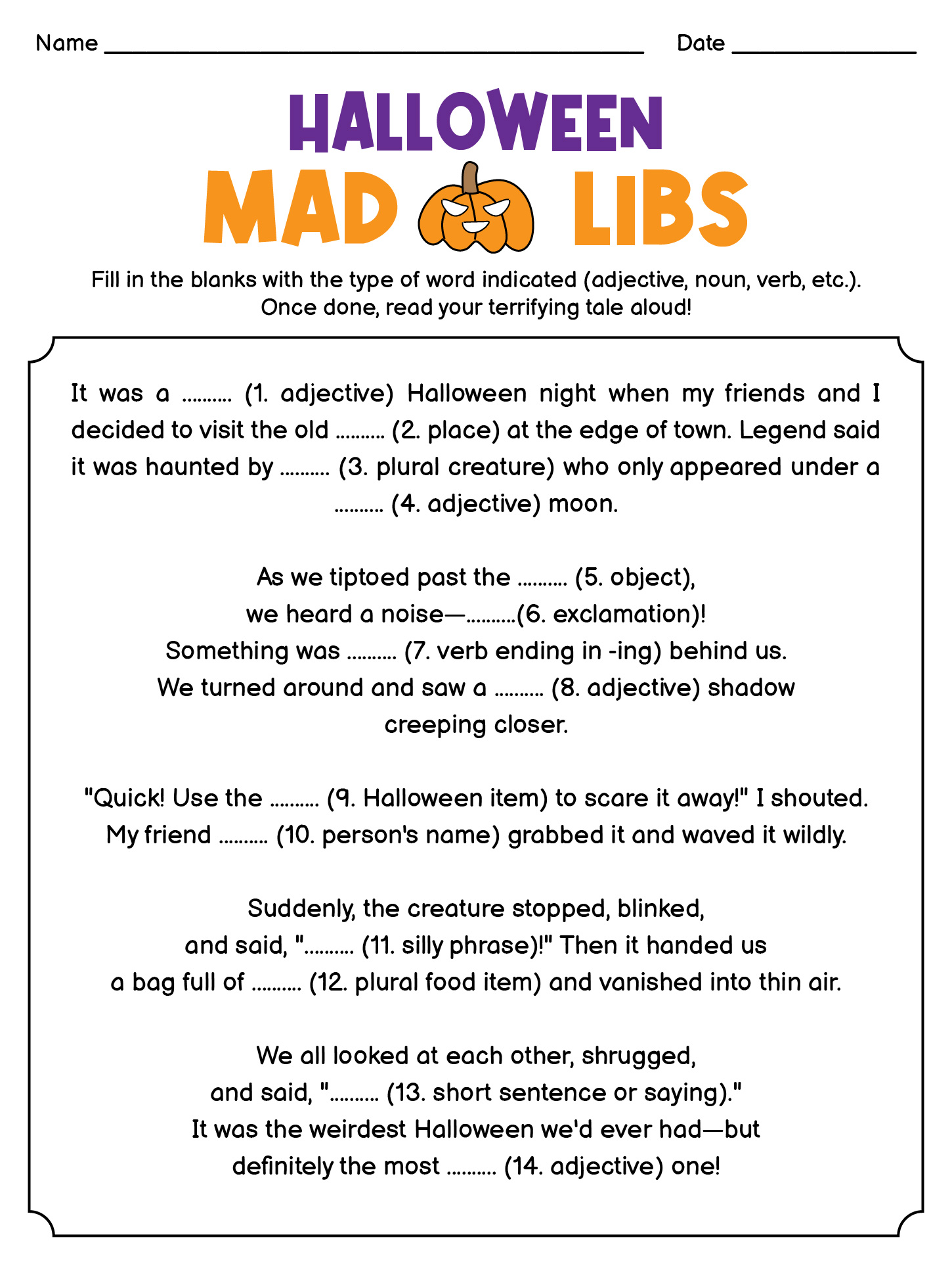 Printable Halloween Mad Libs