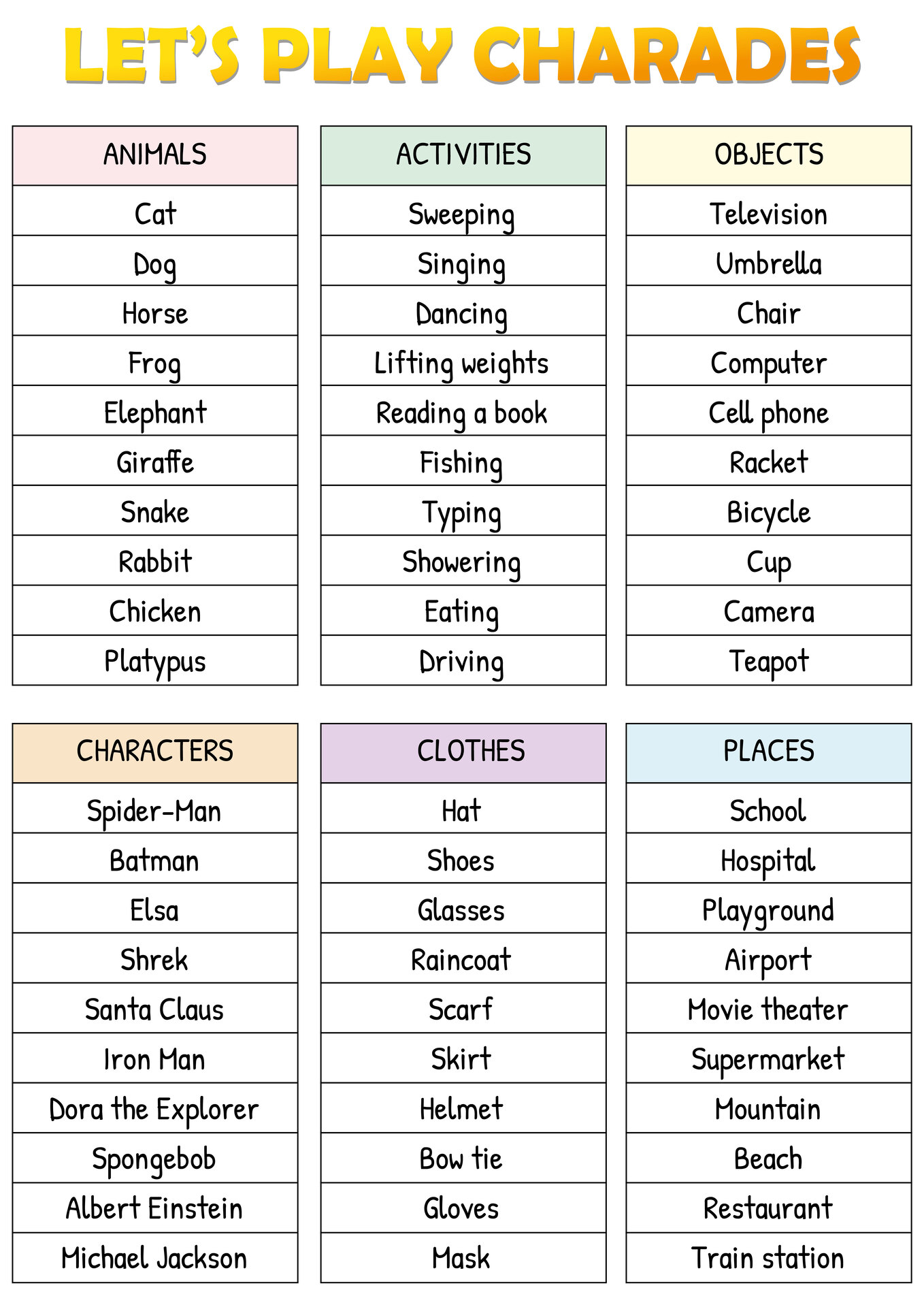 Lds Charades List Lds Charades List