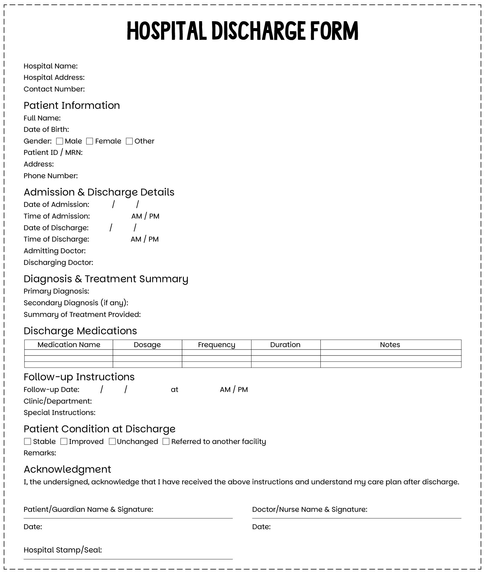 Printable Hospital Discharge Template
