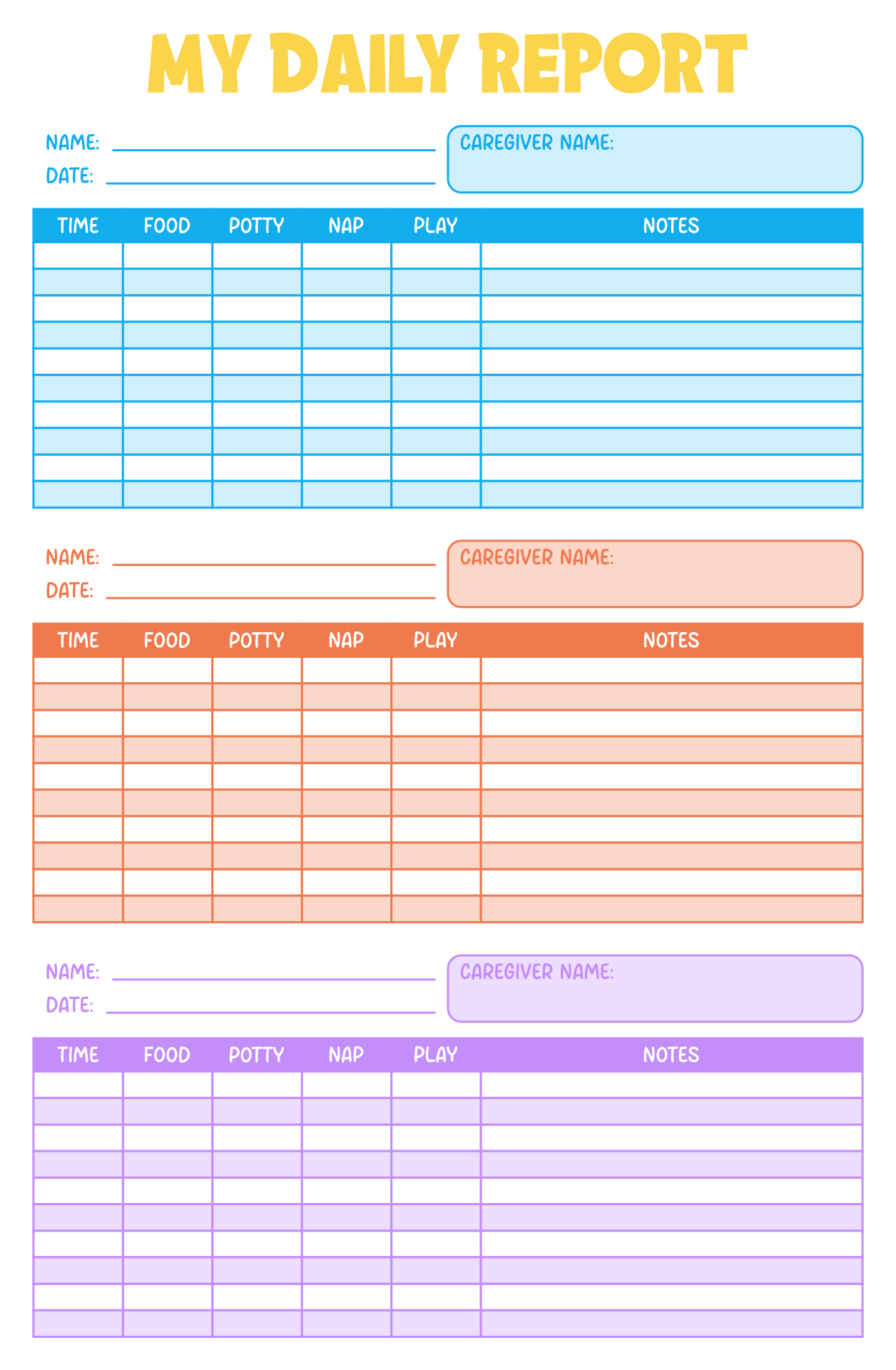 Daycare Infant Daily Report Template