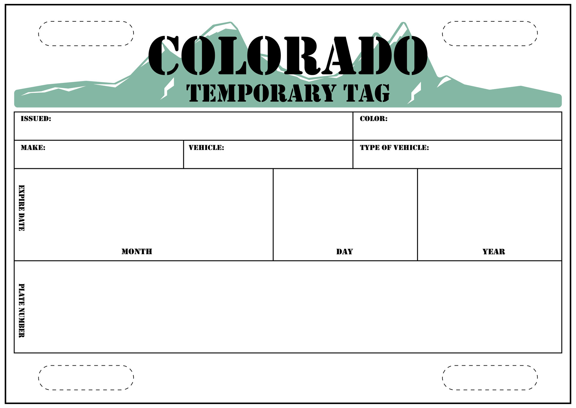 Printable Temporary License Plate Colorado