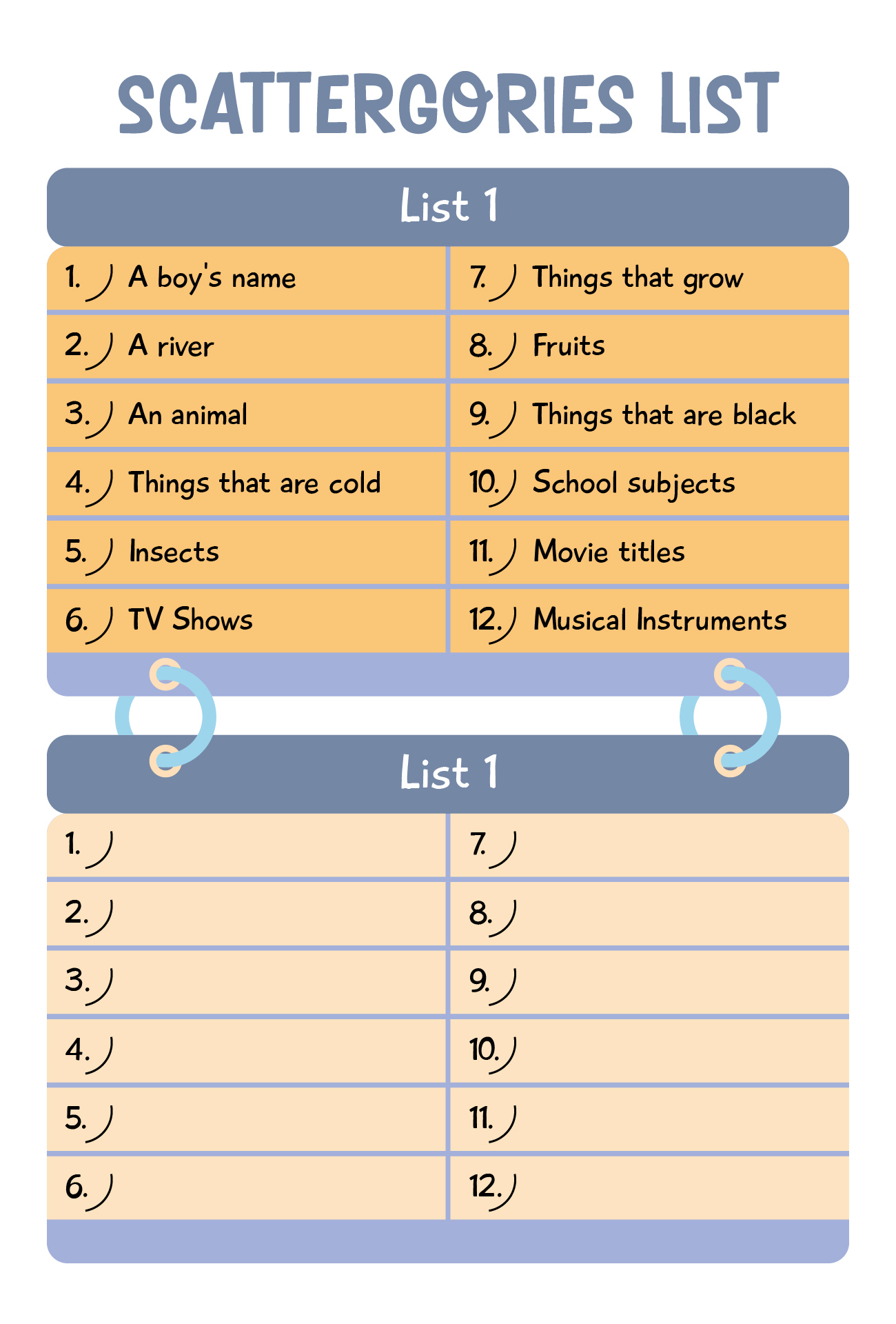Scattergories Printable Sheets List 1 Julueffect