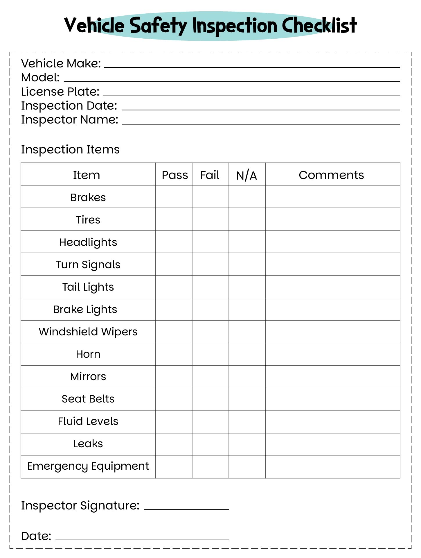 Printable Vehicle Safety Inspection Checklist Template Printable Templates