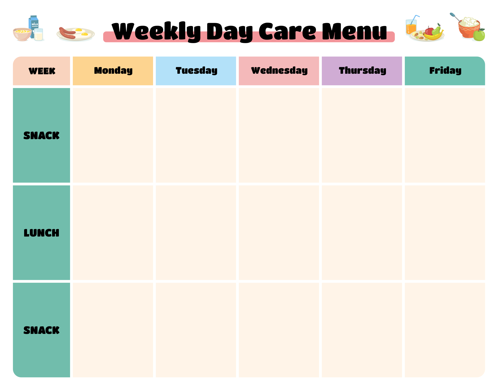 Printable Weekly Menu Template For Daycare Printable Weekly Menu Template For Daycare