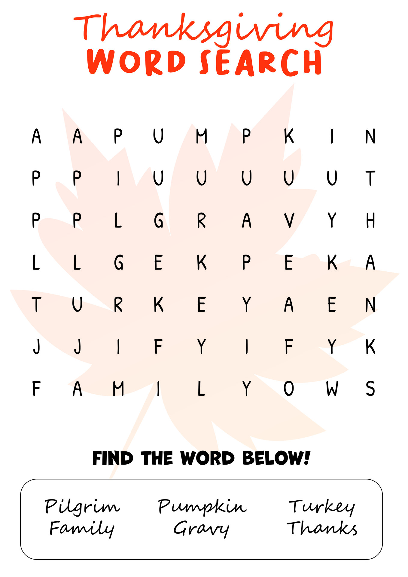 Free Printable Thanksgiving Word Search