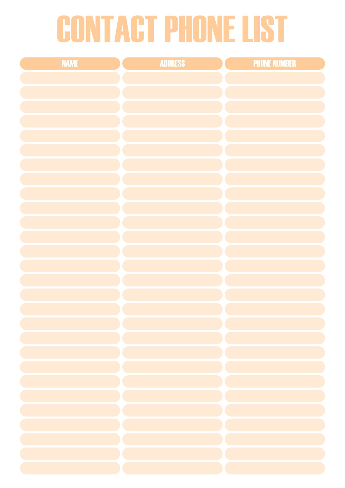 Printable Phone Number List Template Printable Templates
