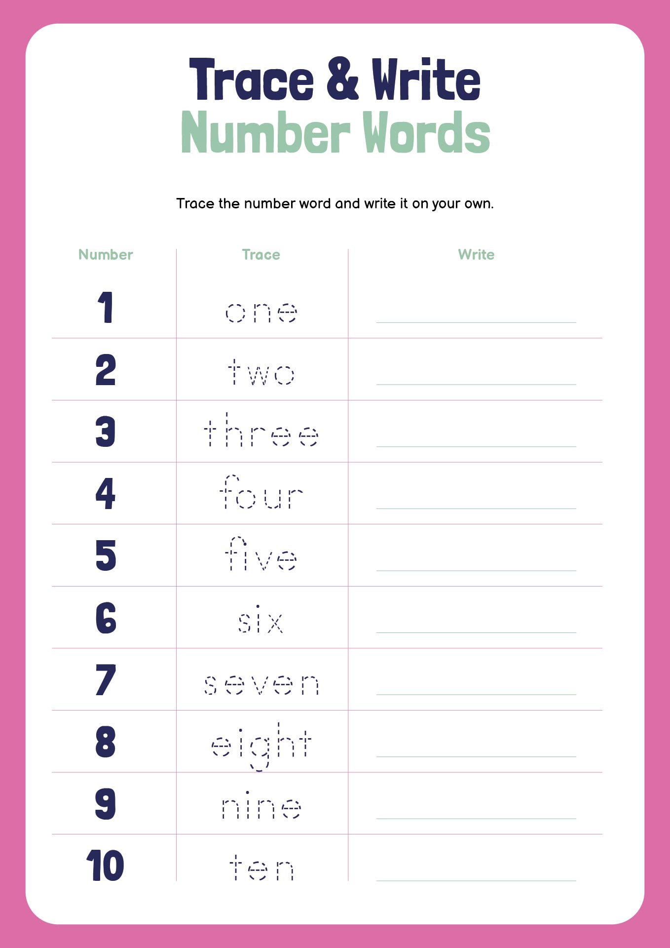 Printable Numbers In Words