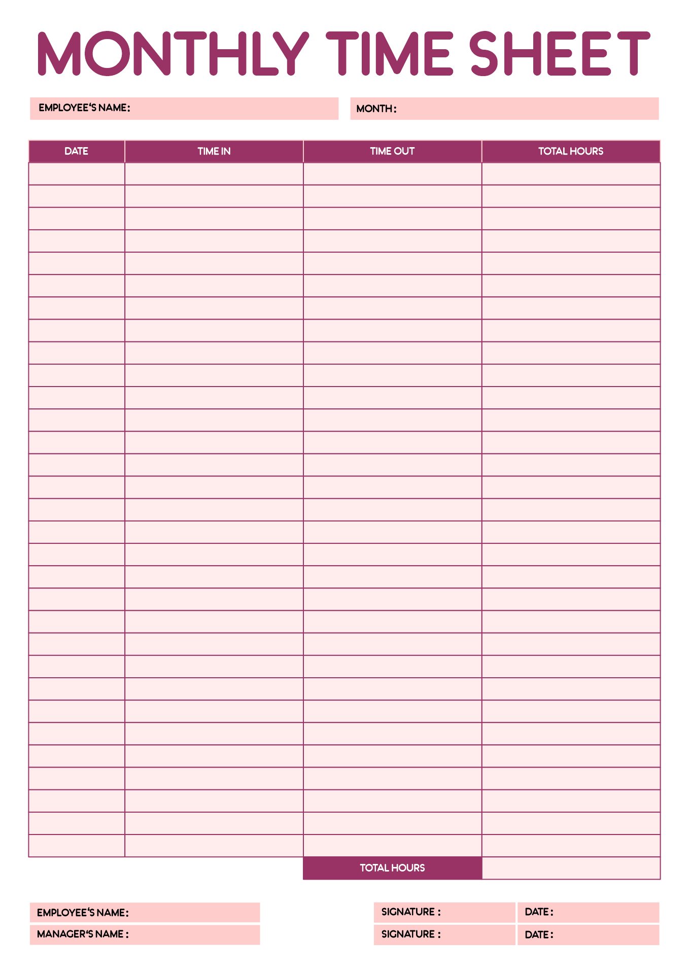 Simple Printable Monthly Timesheet Template Printable Templates