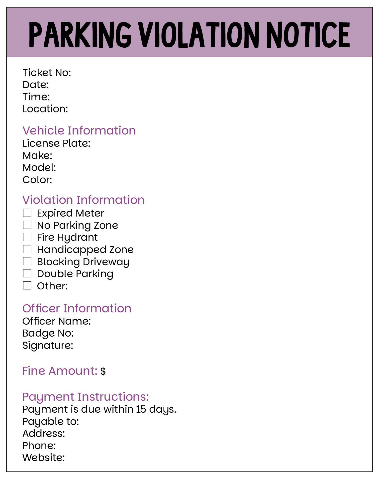 Free Printable Parking Ticket Template
