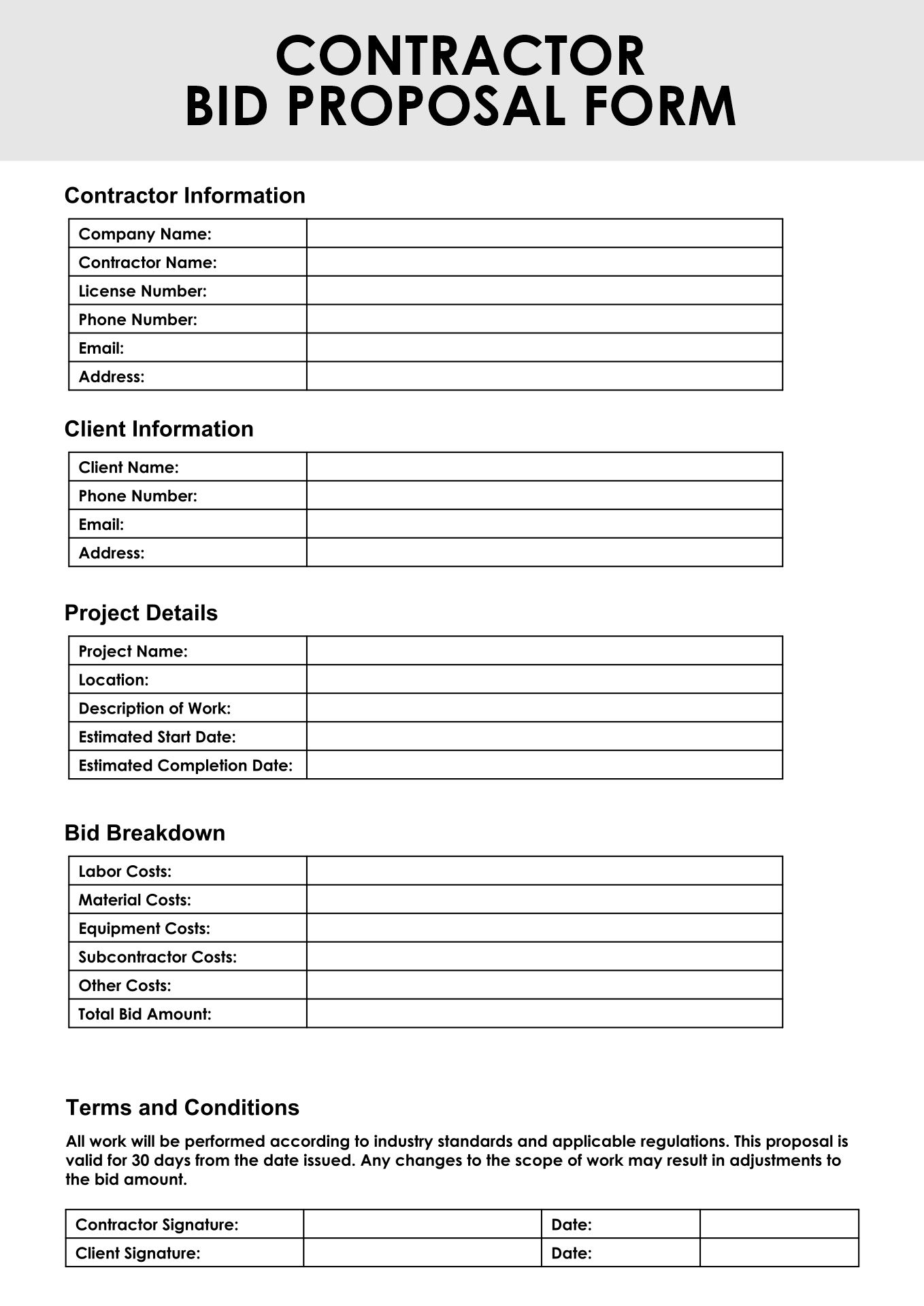 Free Printable Contractor Bid Forms Printable World Holiday