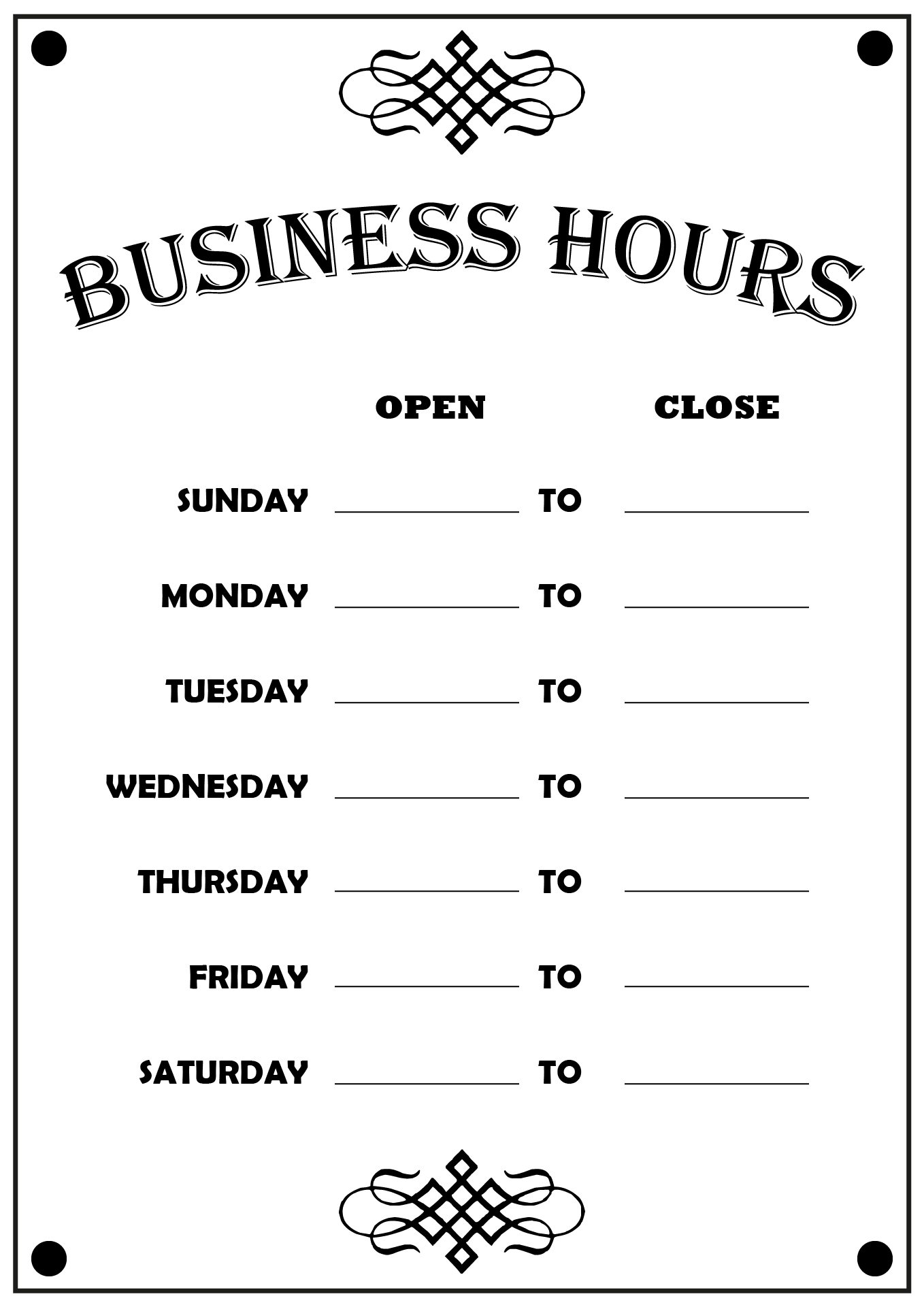 Printable Business Hours Sign Template