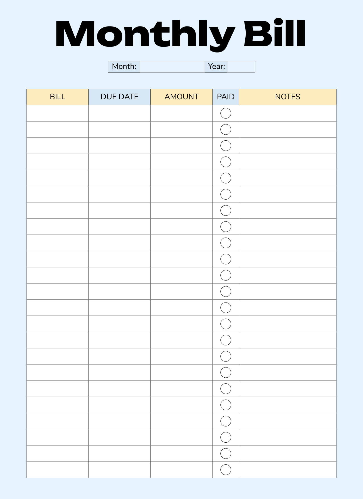 Bill Chart Template