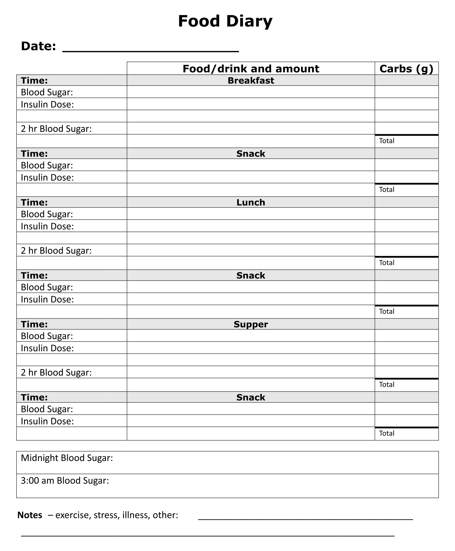 Printable Diabetic Food Diary Template Printable Templates