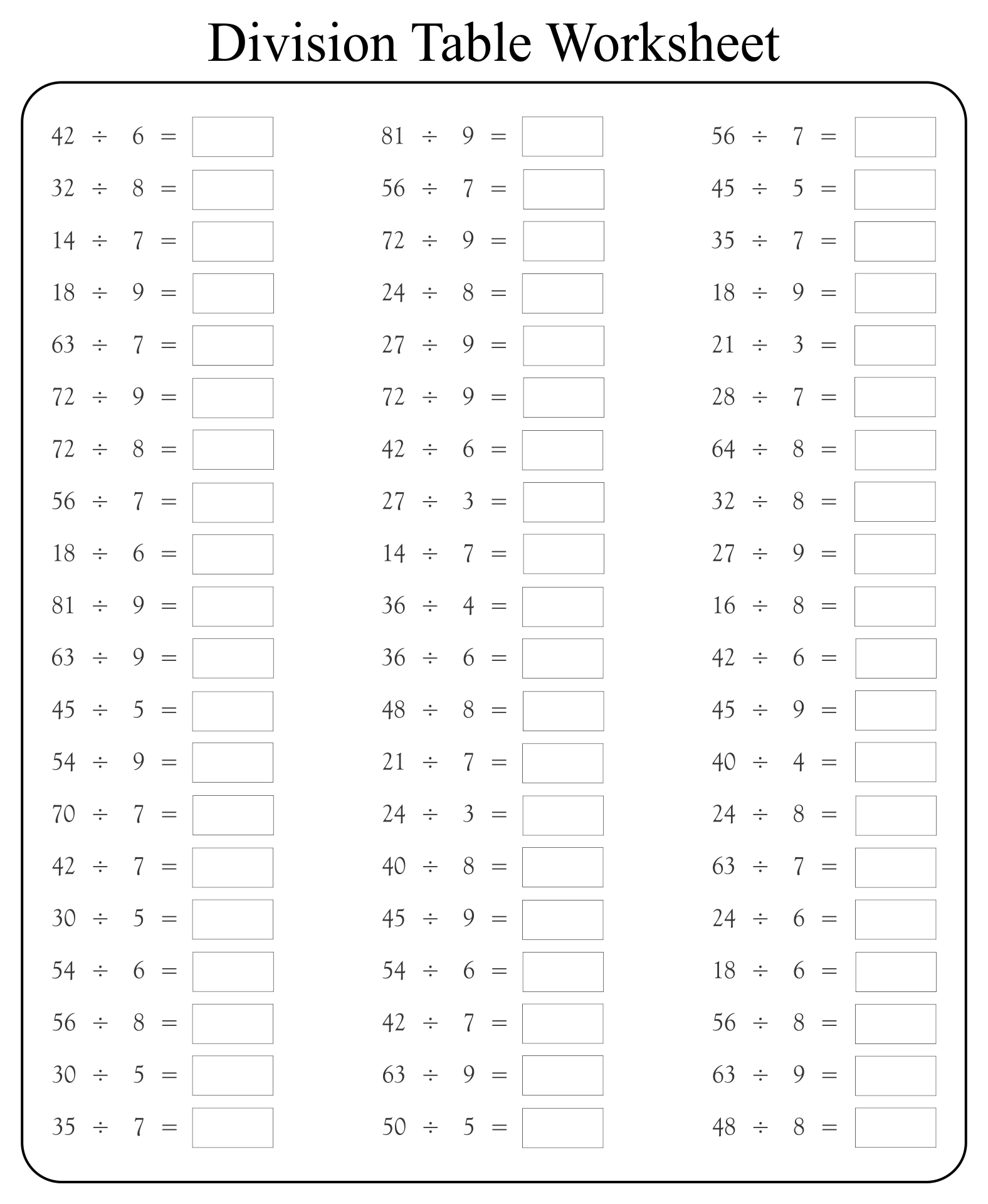Printable Division Tables Printable World Holiday