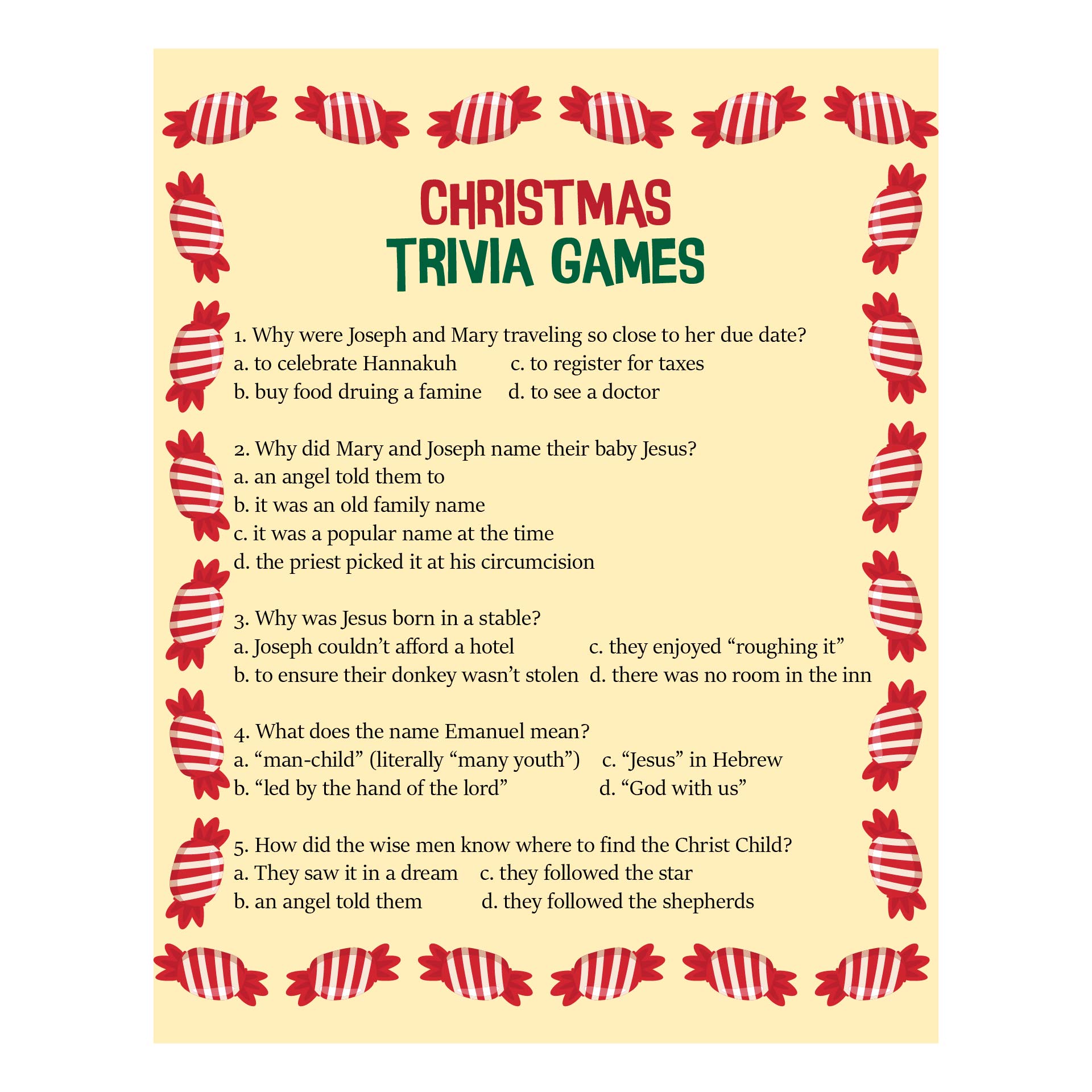 Bible Christmas Trivia Printable Bible Christmas Trivia Printable