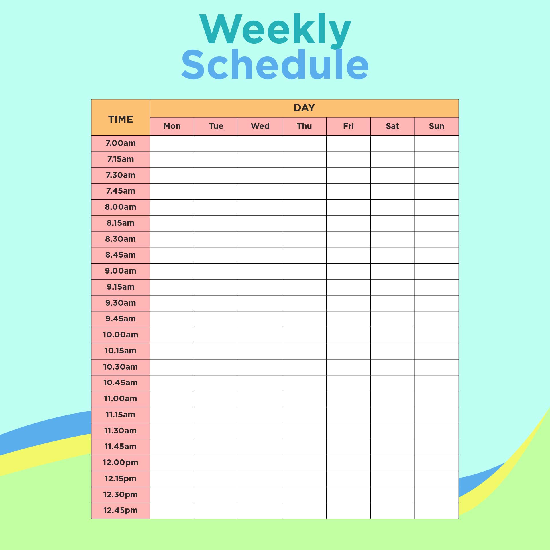 Weekly Schedule Template 15 Minute Increments